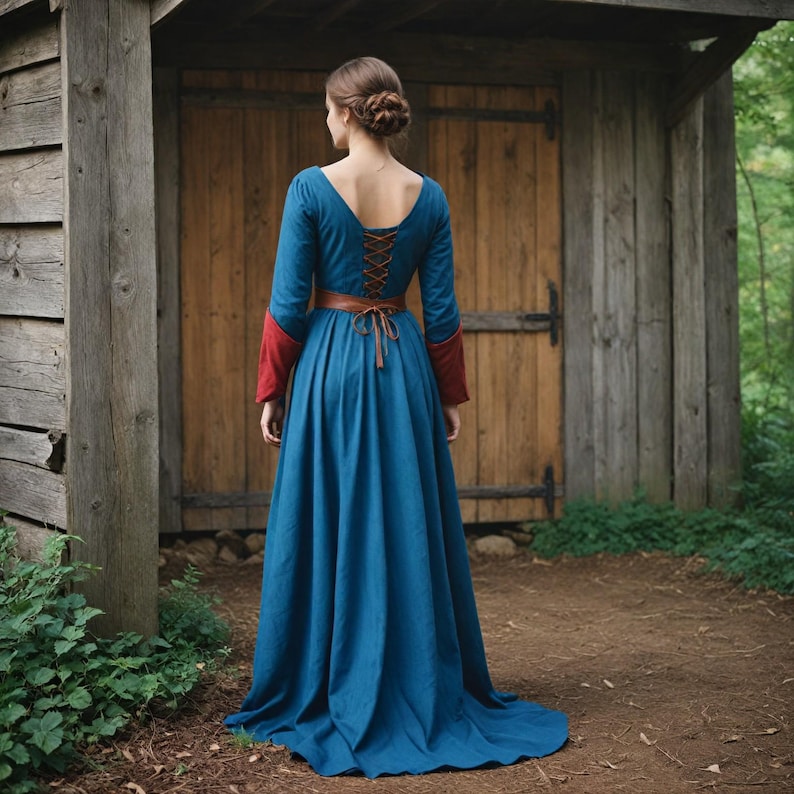 Elegant Blue Medieval Gown With Red Cuffs | Lace-up Renaissance Dress ...