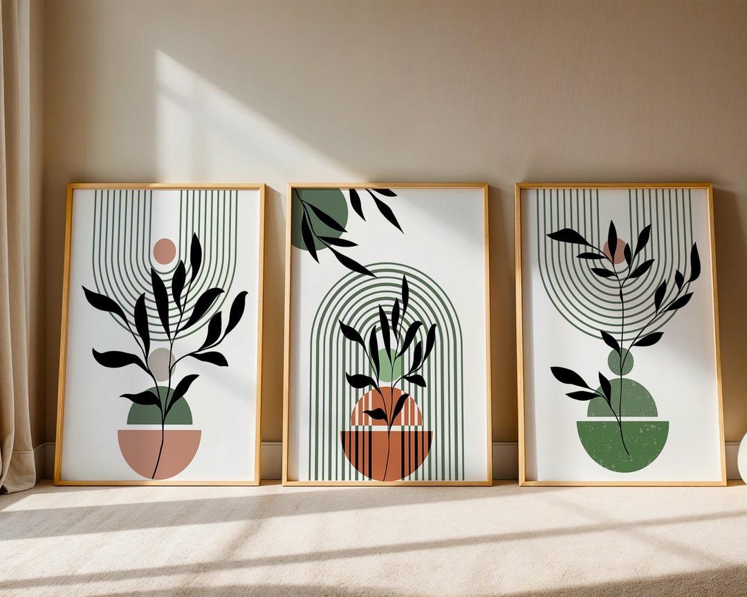 Set of 3 Abstract Botanical Prints, Geometric Plant Art, Ready to Hang ...
