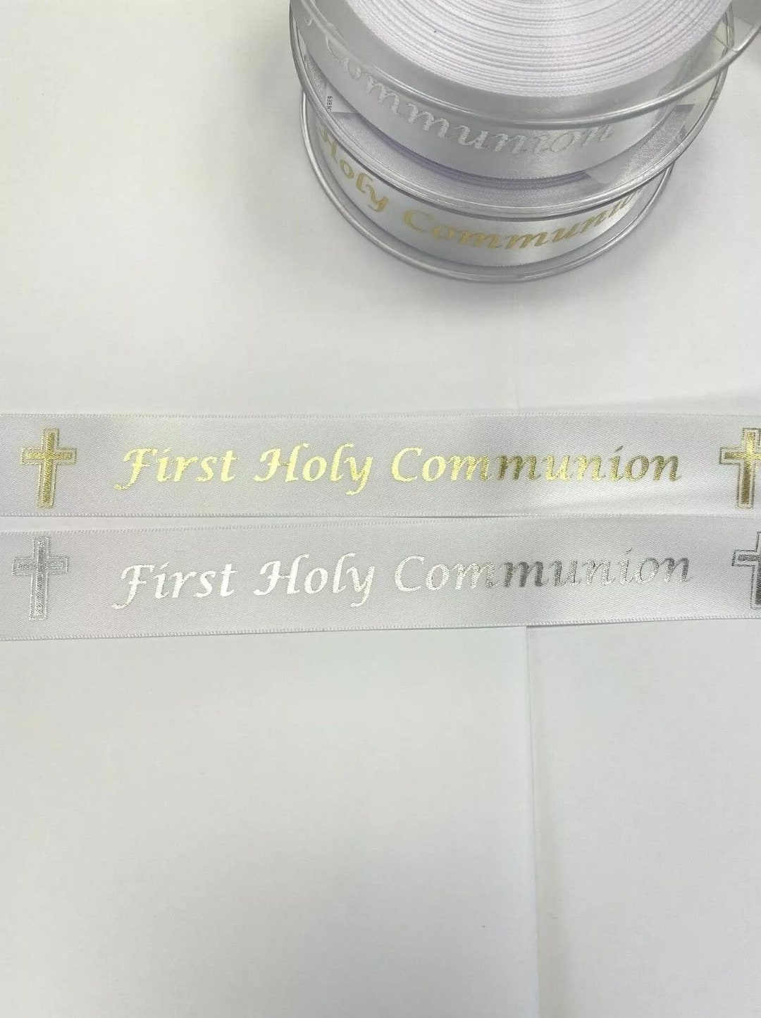 First Holy Communion, White Satin 25mm Ribbon Printed in Silver or Gold ...