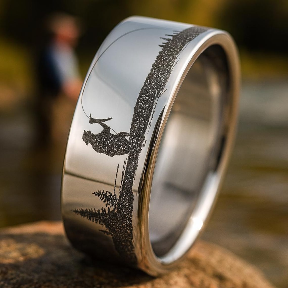 Fly Fishing Titanium Ring – Custom Laser Engraved Fisherman Catching a ...