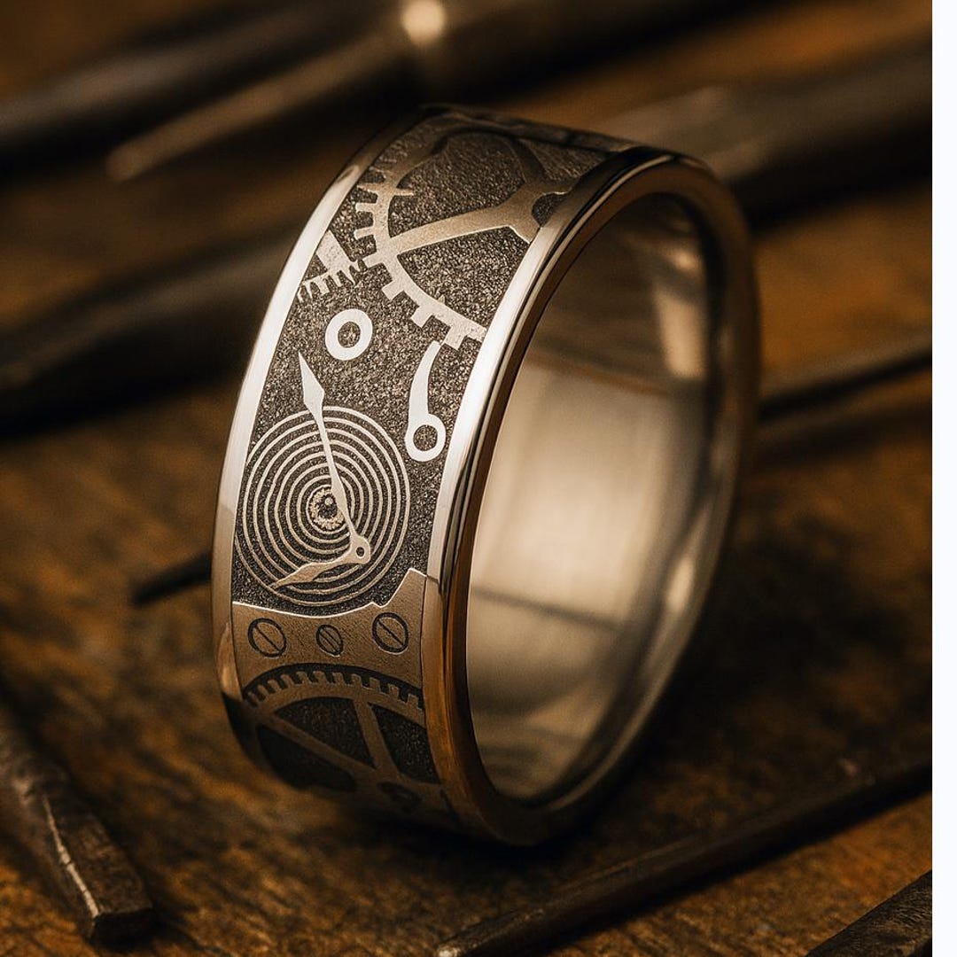 Laser Engraved Chronos Steampunk Style Titanium Ring - Etsy