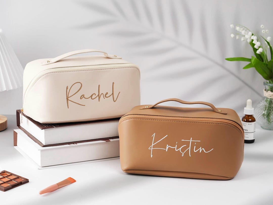 Personalized Leather Makeup Bag: Embroidered Monogram Cosmetic Bag - Etsy