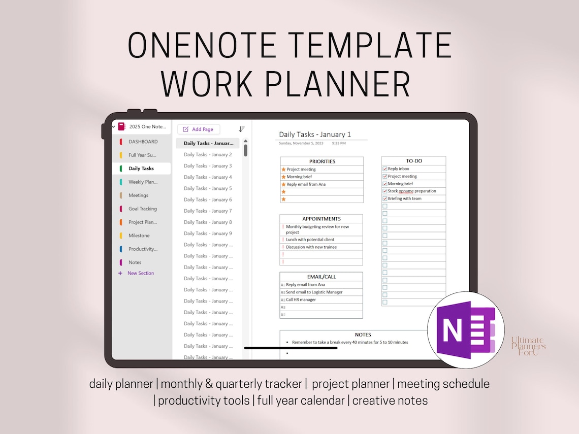One Note Planner 2025 Professional | One Note Template for Project ...