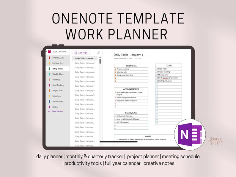 One Note Planner 2025 Professional | One Note Template for Project ...