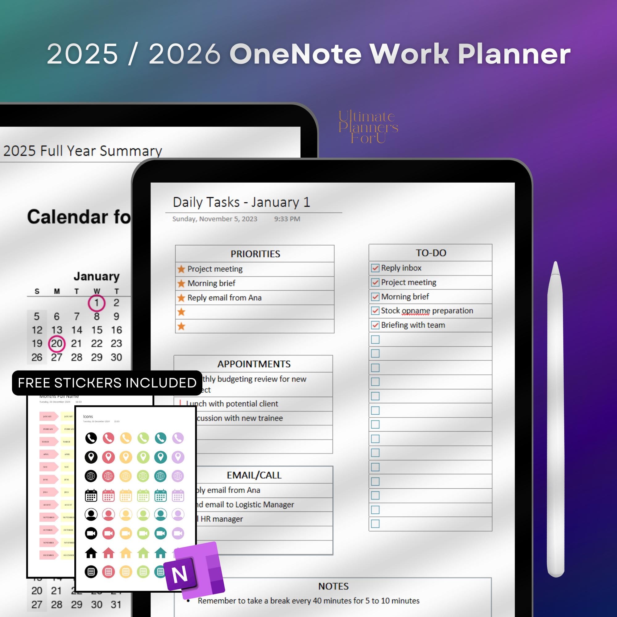 Hyperlinked Onenote Planner 2025 2026 Professional, One Note Template for Work, Onenote Digital ...