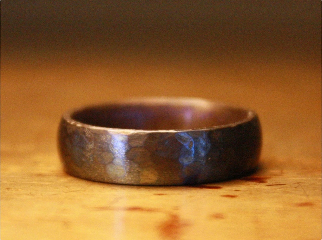 Oxidized Titanium Wedding Ring | Hand Forged | Hammered Ring | Rustic ...