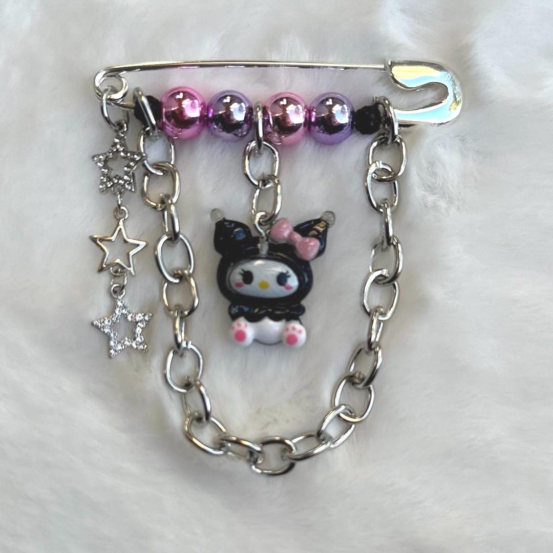 Kuromi Brooch Safety Pin | Sanrio Inspired Bag Charm With Beads, Chain ...
