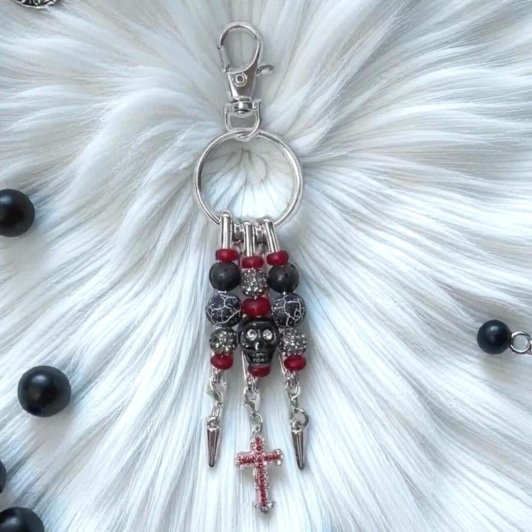 Goth Beaded Safety Pin Keychain • Red & Black Skull Cross Charm • Punk ...