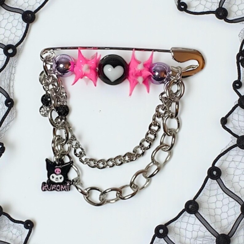 Kuromi Punk Pin Bag Charm– Neon Spike, Chain Kawaii Brooch - Etsy