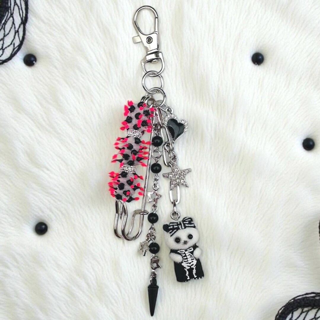 Pastel Goth Safety Pin Bag Charm, Skeleton Cat Keychain, Rhinestone ...