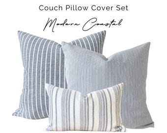 Coastal Blue Striped Linen Pillow Cover Set, Light Blue Throw Pillow ...