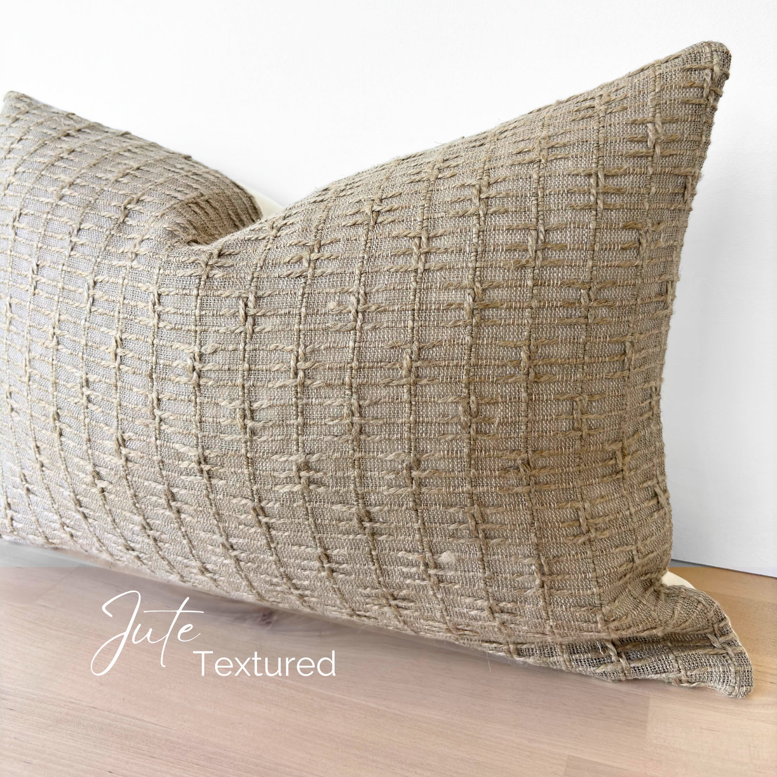 Beige Jute Striped Lumbar Pillow Cover, Textured Striped Neutral Lumbar ...
