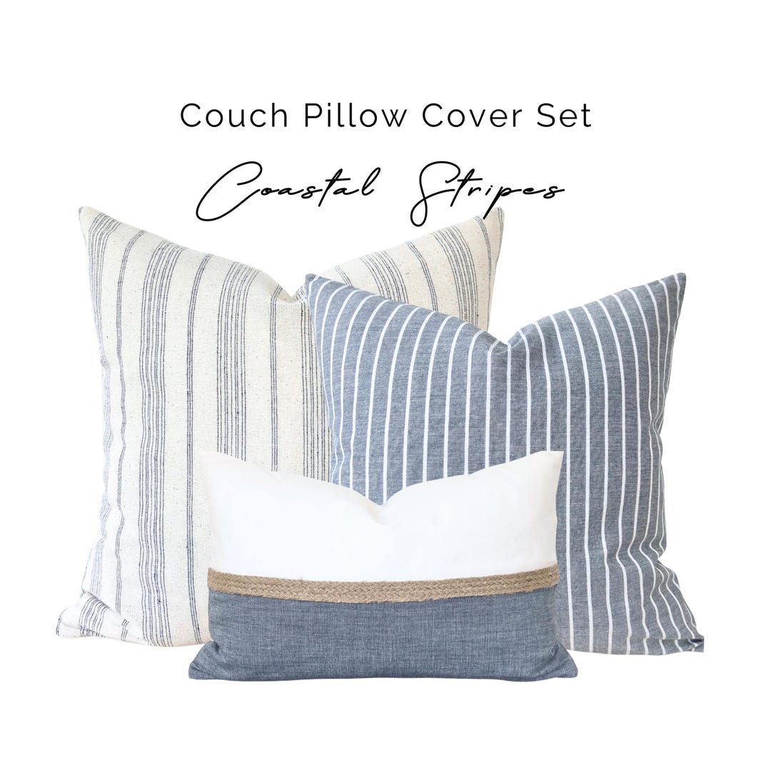 Coastal Blue Striped Linen Pillow Cover Set, Striped Blue Throw Pillow ...