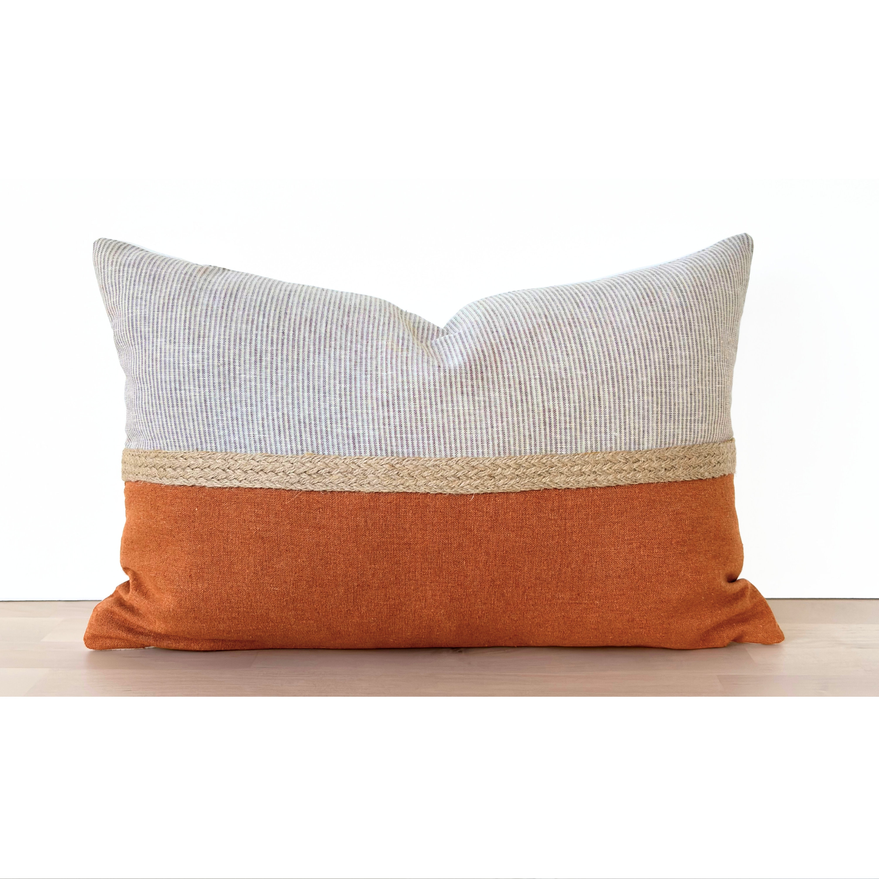 Burnt Orange Jute Striped Pillow Cover, Burnt Orange Lumbar Pillow ...