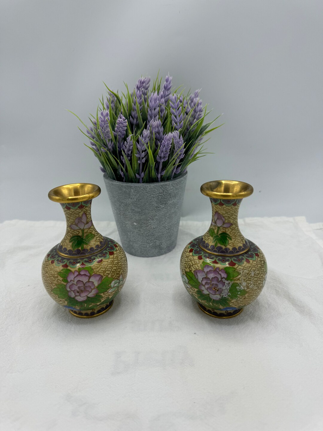 Vintage 1940s Chinese Jingfa Brass Cloisonne Minature Flowervase Pair ...