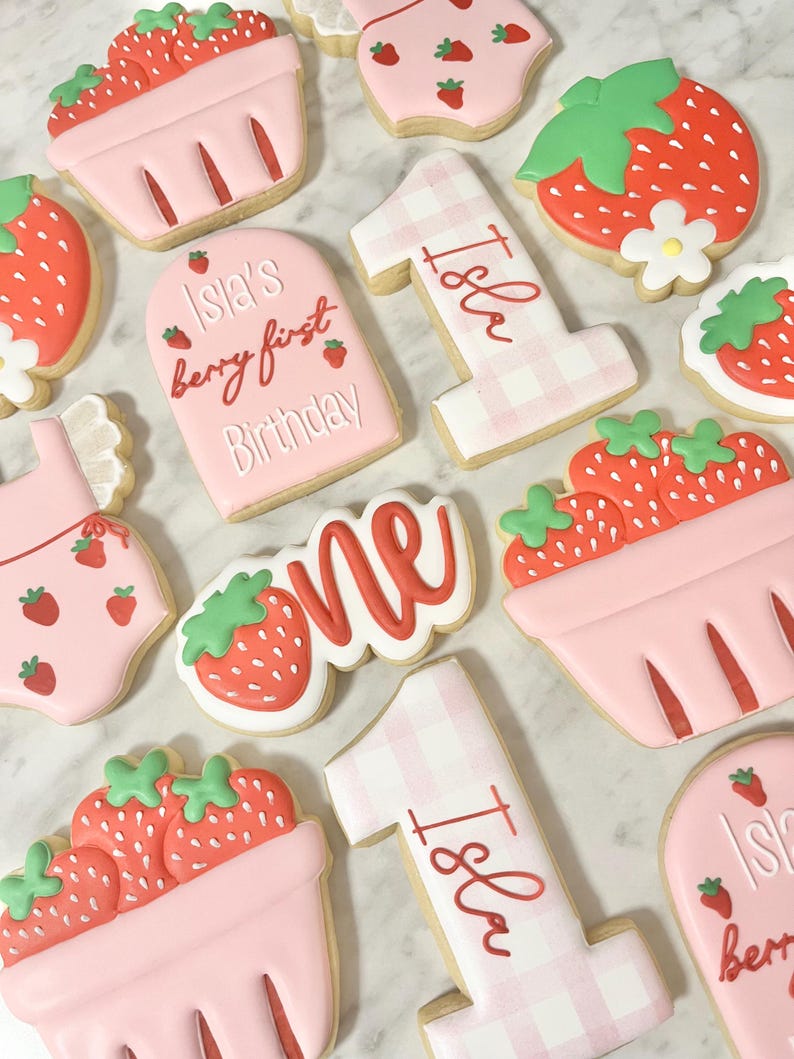 Berry First Birthday Sugar Cookies, Strawberry Pink and Red, Set of 12 ...