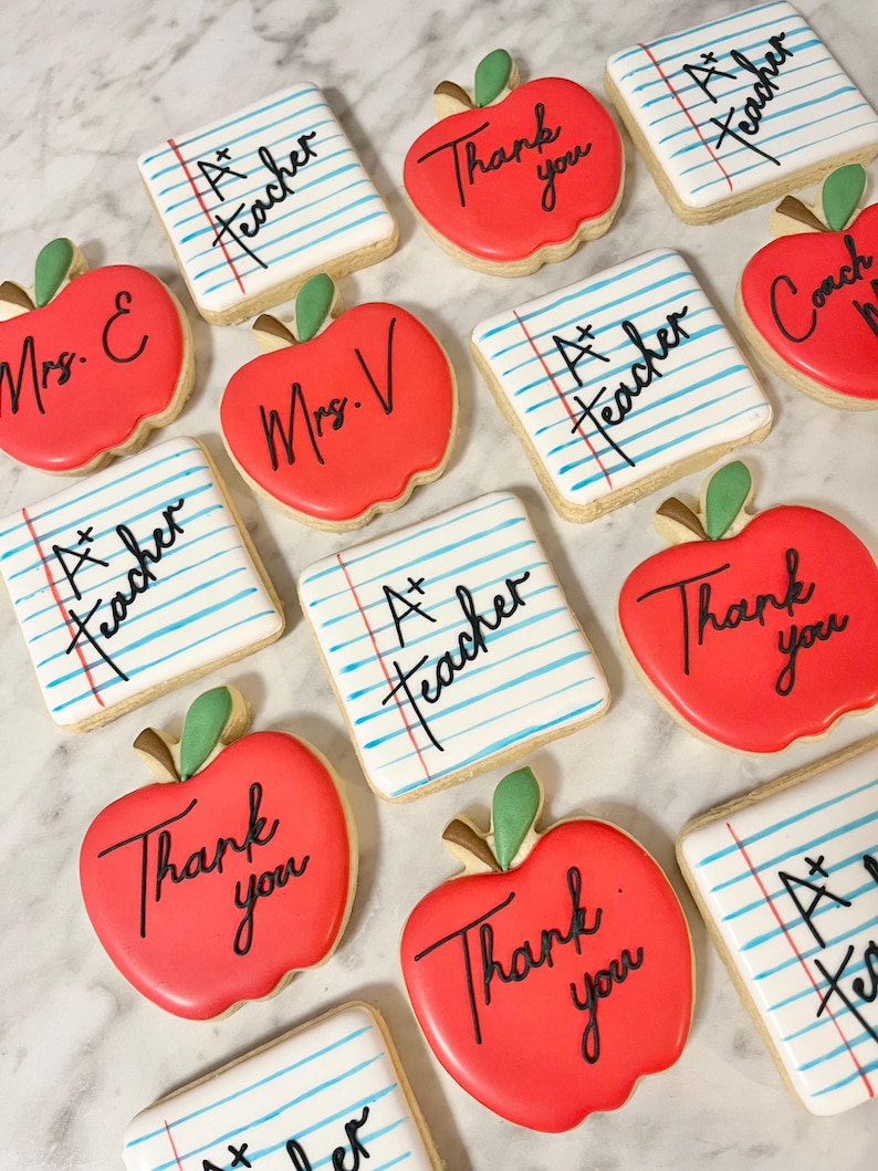 Teacher Thank You Cookies: Personalized Royal Icing Apple & Paper Set ...