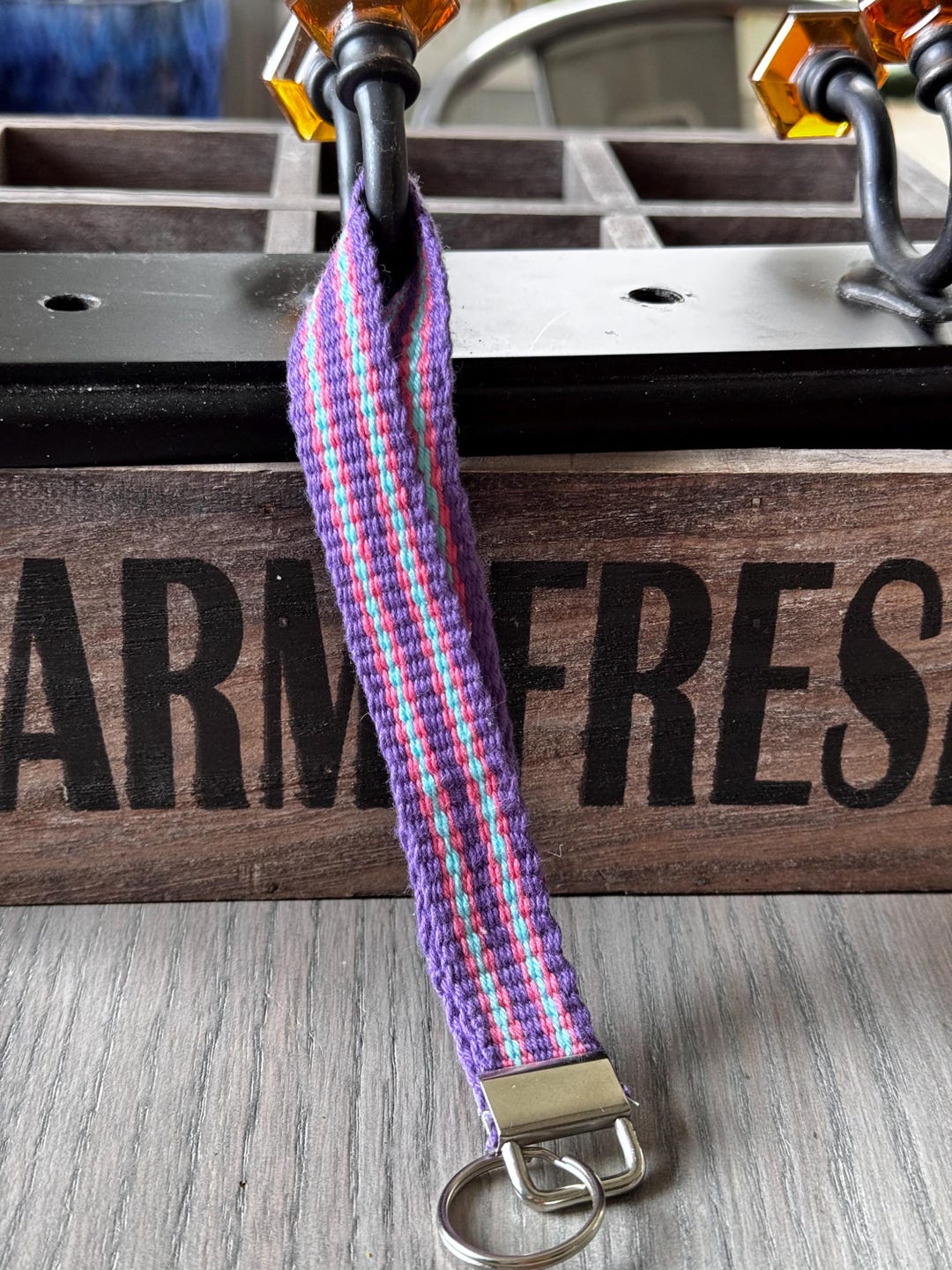 Handwoven Looped Wristlet Keychain W/ Custom Fob Clamp: Striped, Purple ...
