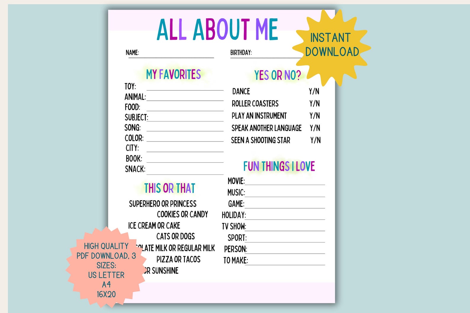 All About Me Printable Activity, Get to Know ME, Classroom Activity ...