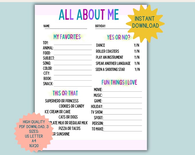 All About Me Printable Activity, Get to Know ME, Classroom Activity ...