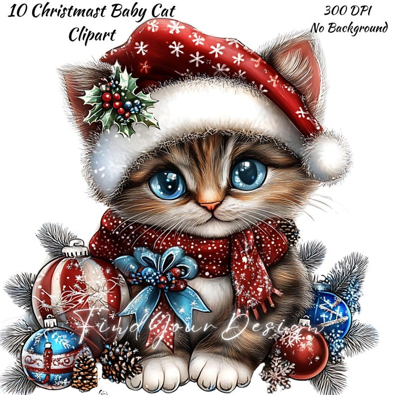 10 Cute Christmast Cat Clipart-300 DPI 12 X 12 Inch no Background ...