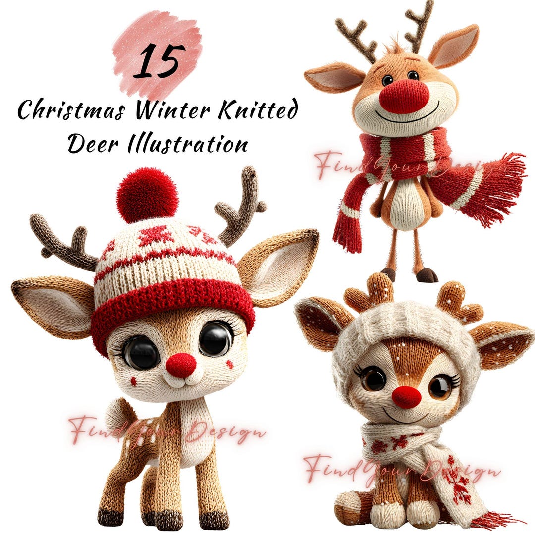 Cute Baby Reindeer Clipart Set -christmas Winter Knitted Deer ...