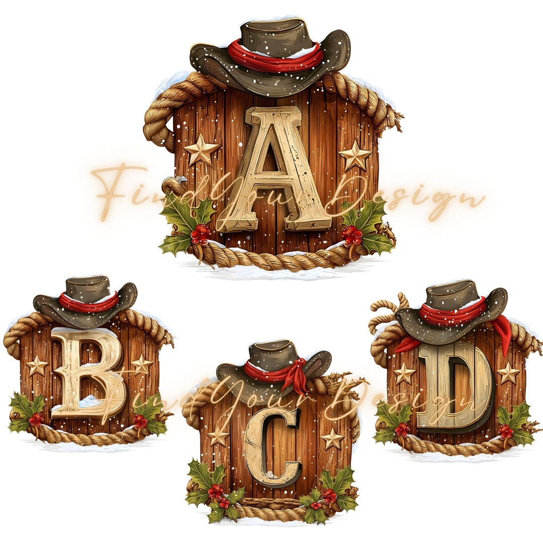 Cowboy Christmas Alphabet Clipart Set, Western Rustic Letters A–Z PNG ...