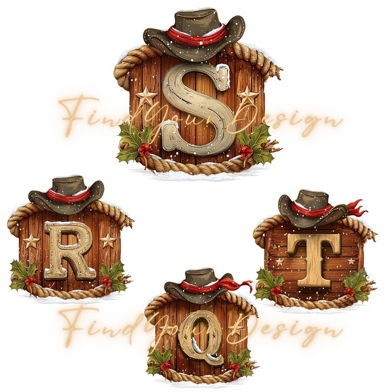 Cowboy Christmas Alphabet Clipart Set, Western Rustic Letters A–Z PNG ...