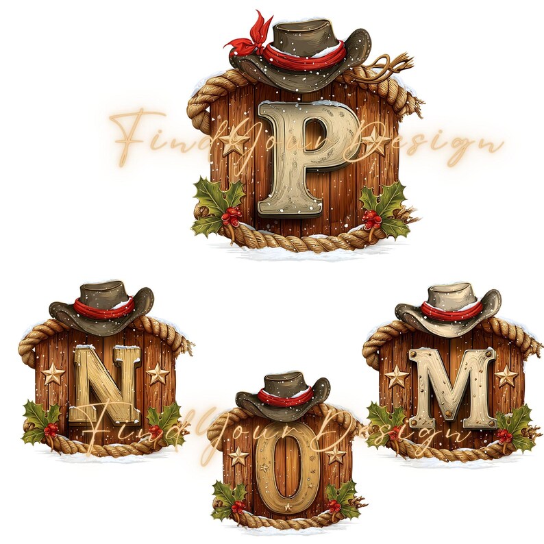 Cowboy Christmas Alphabet Clipart Set, Western Rustic Letters A–Z PNG ...