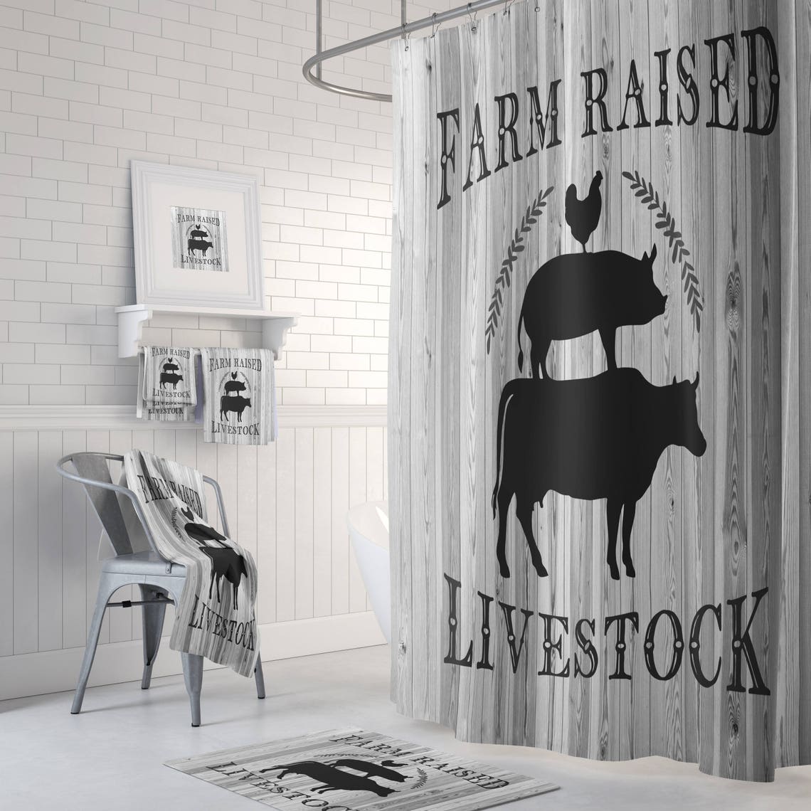 Shower Curtain Farmhouse cow Chicken Pig Stacked Animals - Etsy