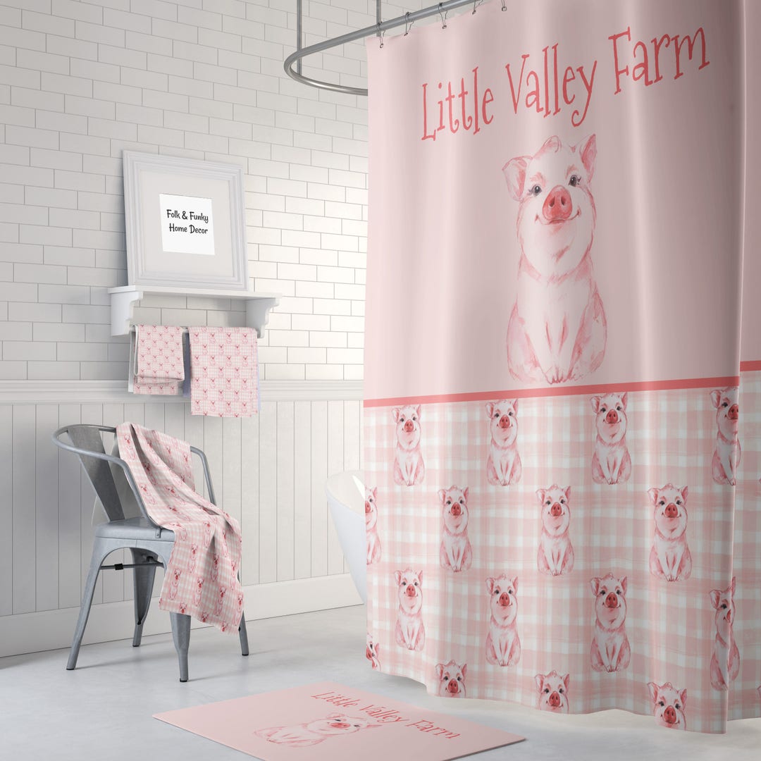 Farmhouse Chic Personalized Little Pig Shower Curtain, Bath Mat, Bath ...