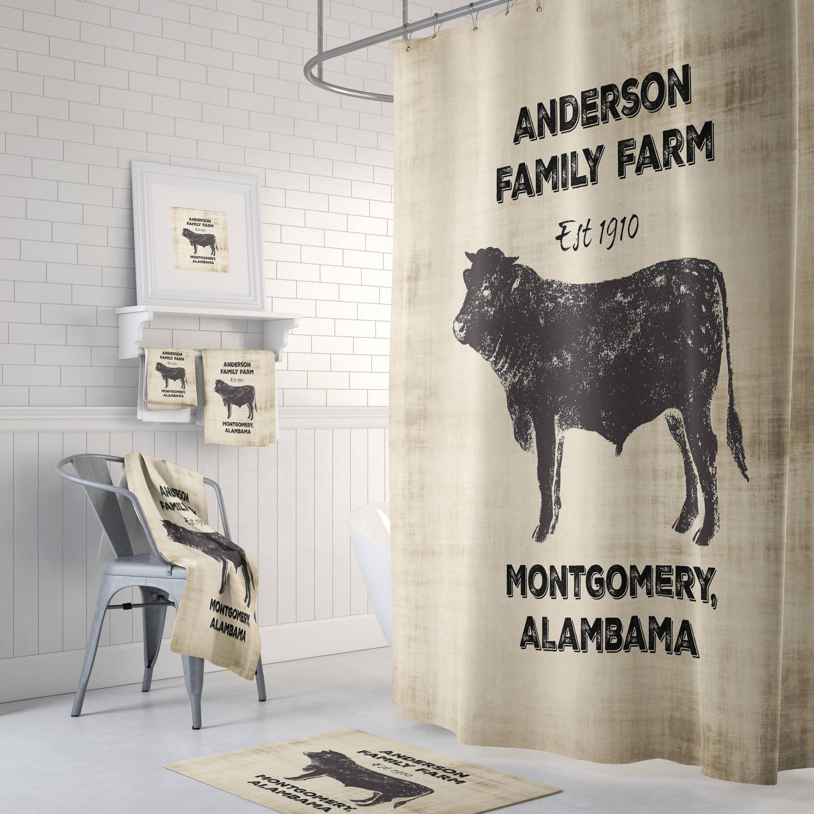 Personalized Farm Shower Curtain Beige Rustic Design With Cow - Etsy