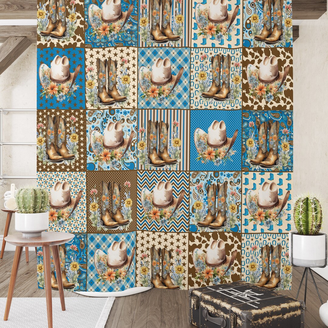 Western Patchwork Cowboy Boots Cowgirl Themed Shower Curtain With Set ...