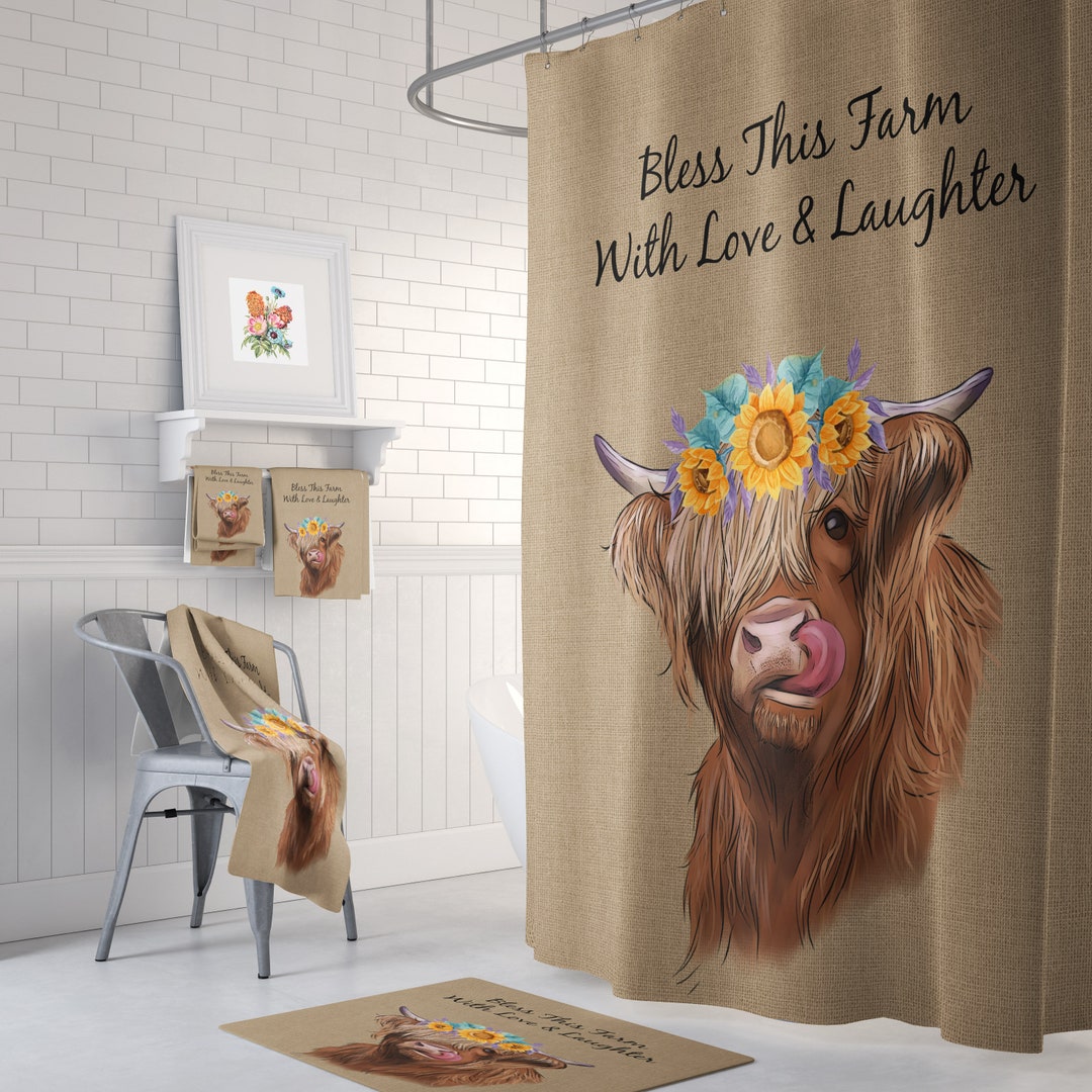 Scottish Highlander Cow Shower Curtain Bless This Farm Optional Towels ...