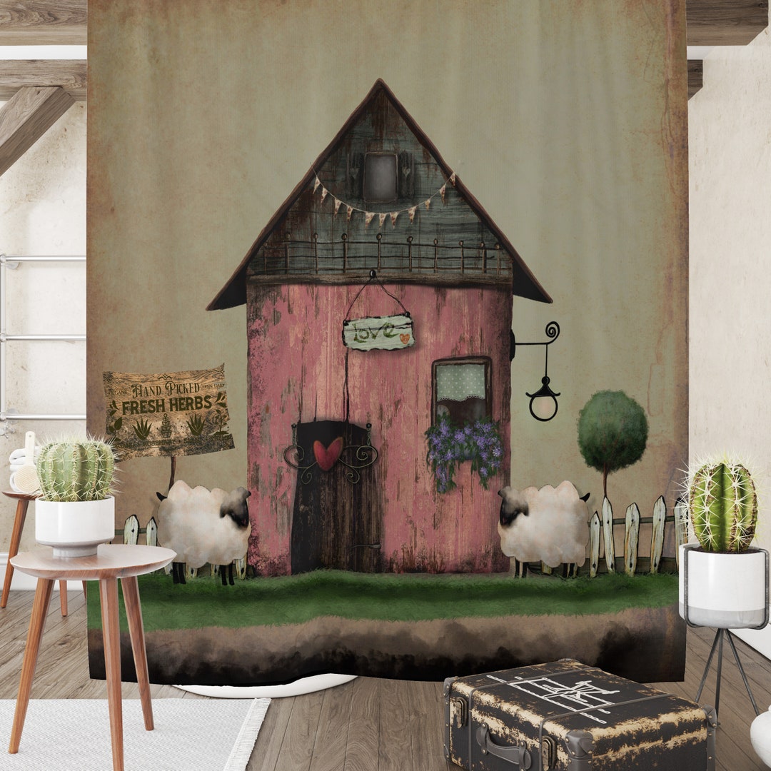 Primitive Folk Art Shower Curtain Farmhouse Bathroom Decor Old ...
