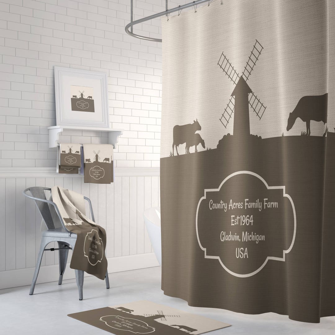 Farmhouse Chic Dairy Farm Shower Curtain, Beige Brown Custom ...