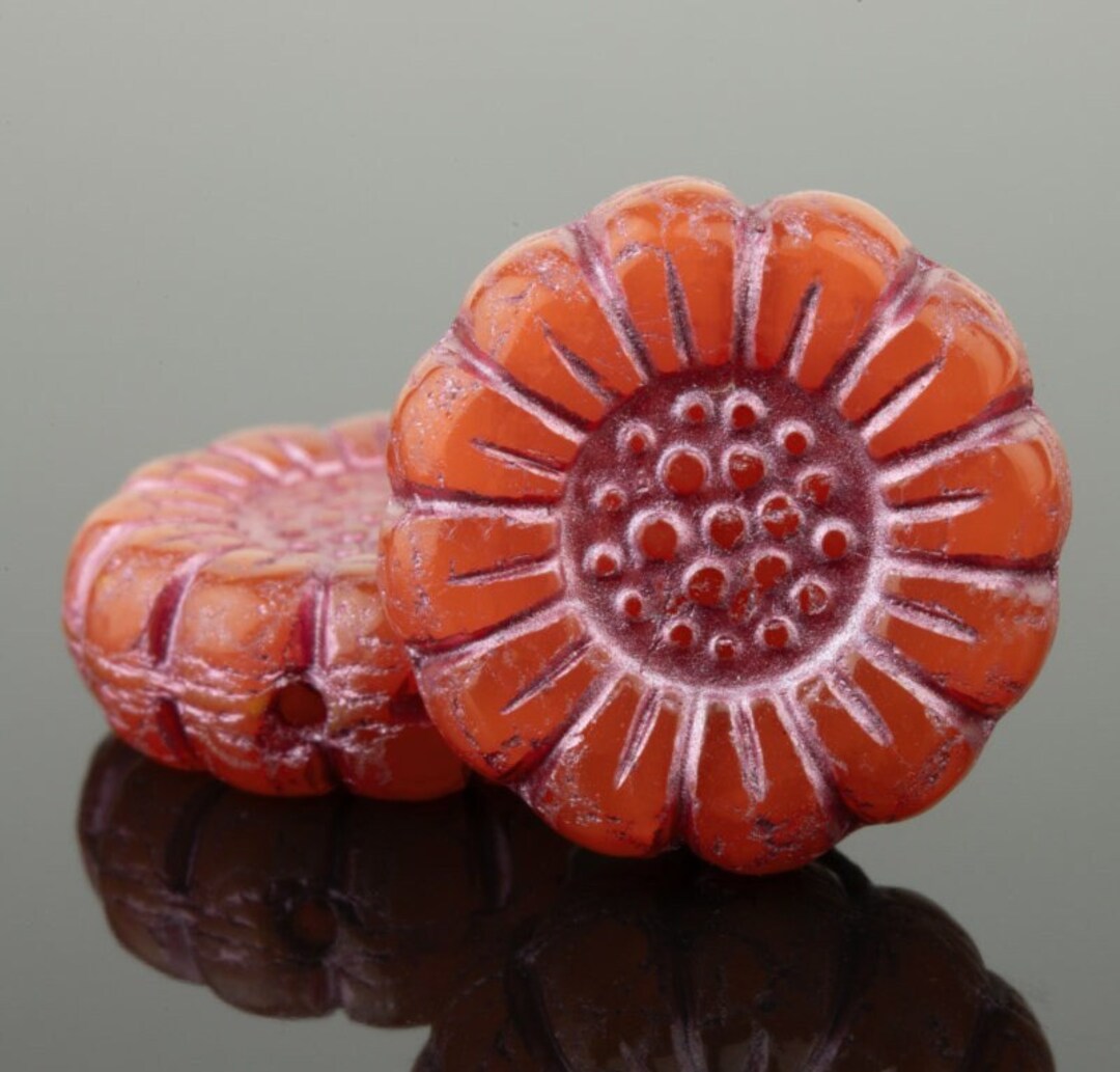 PINK PERSIMMON SUNFLOWERS .. New 6 Premium Czech Glass Flower Beads ...