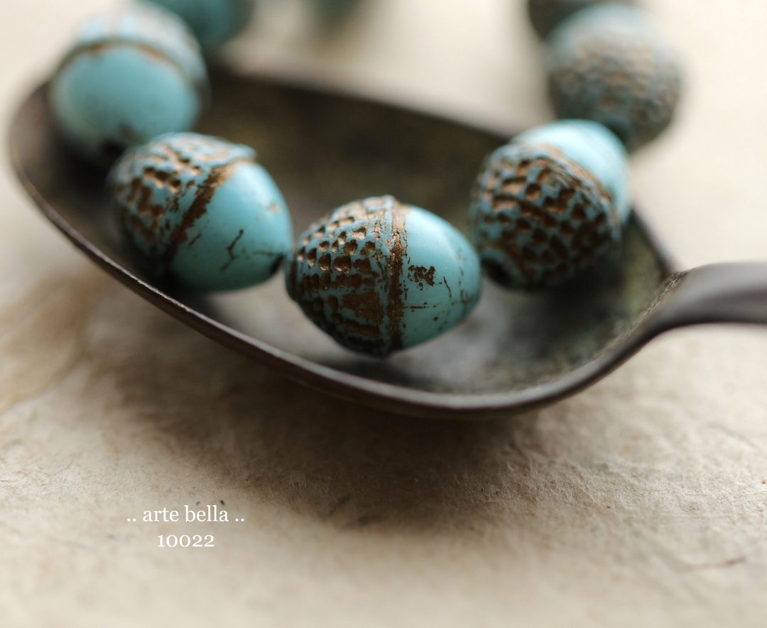 Premium Glass Beads .. BRONZED SKY ACORNS .. 8 Czech Glass Acorn Beads ...