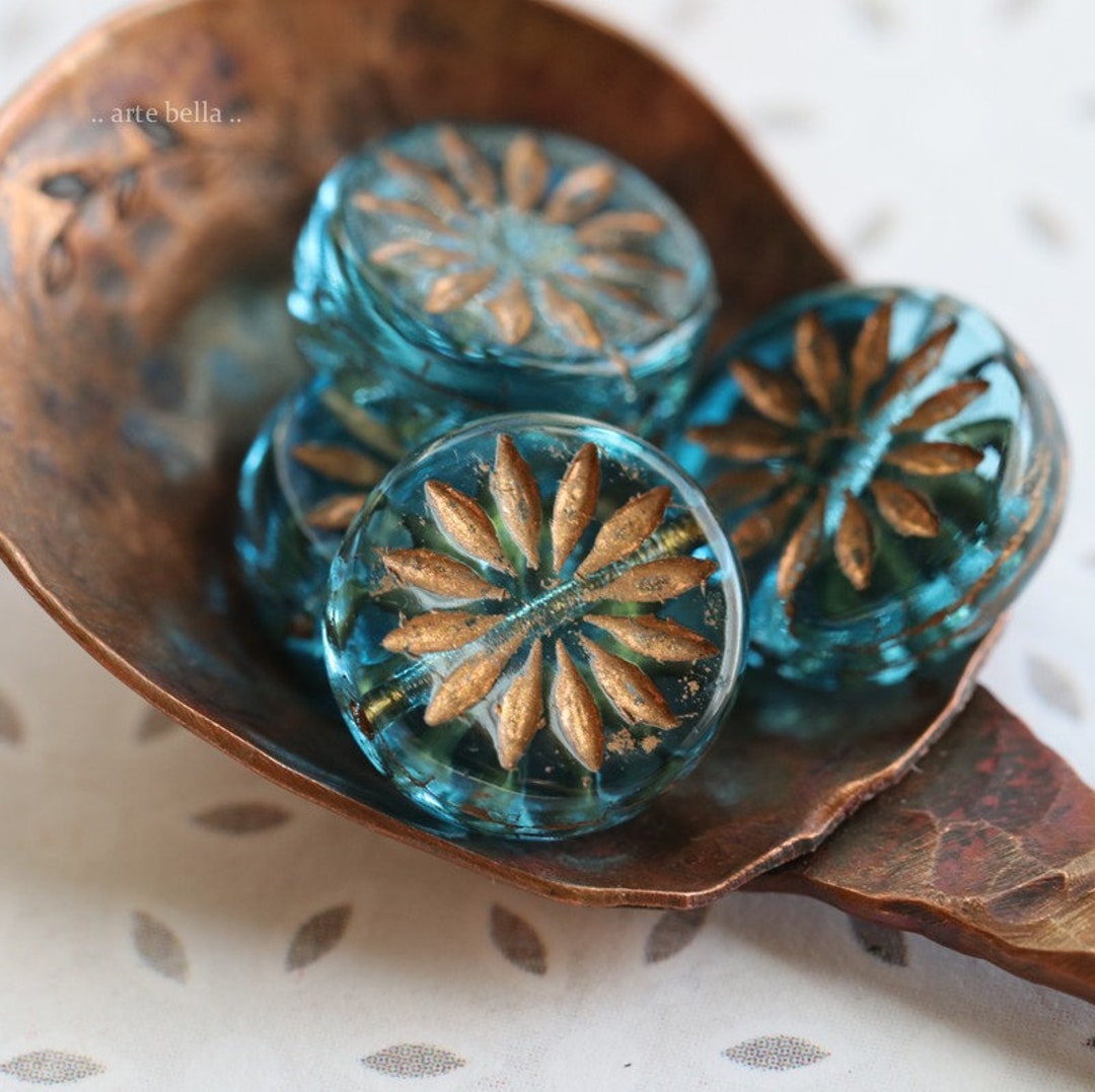 BRONZED AQUA ASTER .. 6 Premium Czech Glass Aster Flower Coin Beads ...