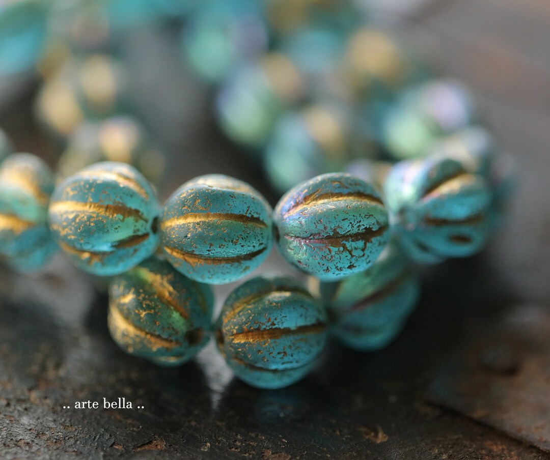 Premium Glass Beads .. MYSTIC GOLD SKY Melons 12mm .. 15 Etched Czech ...