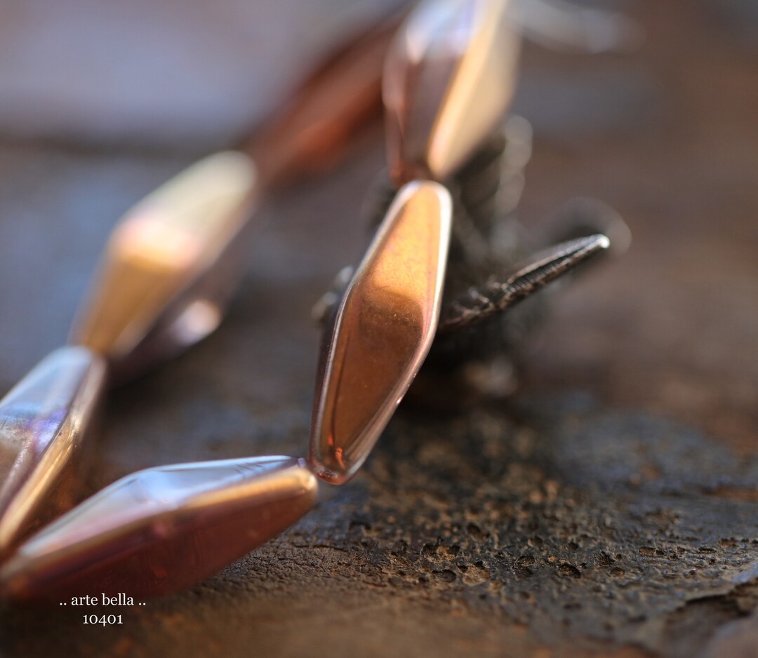 COPPERED PINK RHOMBUS .. New 6 Premium Czech Glass Rhombus Beads 20x8mm ...