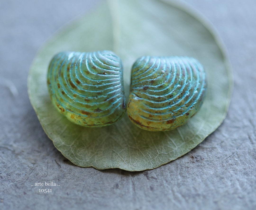 Last Ones .. BLUE MOSS SHELLS .. 4 Premium Picasso Czech Glass Clam ...