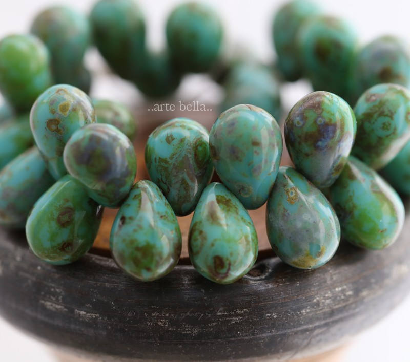 TURQUOISE DROPS .. NEW 25 Premium Picasso Czech Glass Drop Beads 6x9mm ...