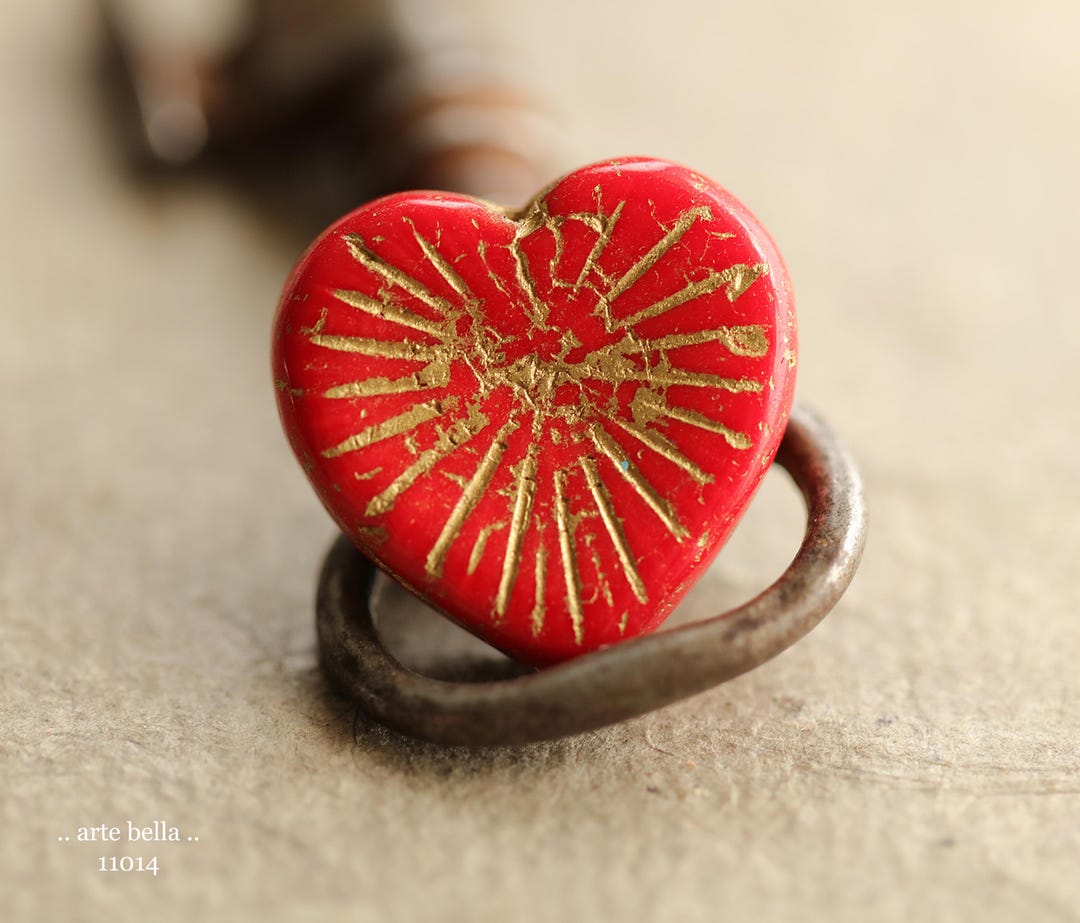 New .. GOLDEN RUBY FLAMING Hearts .. 2 Premium Czech Glass Heart Beads ...
