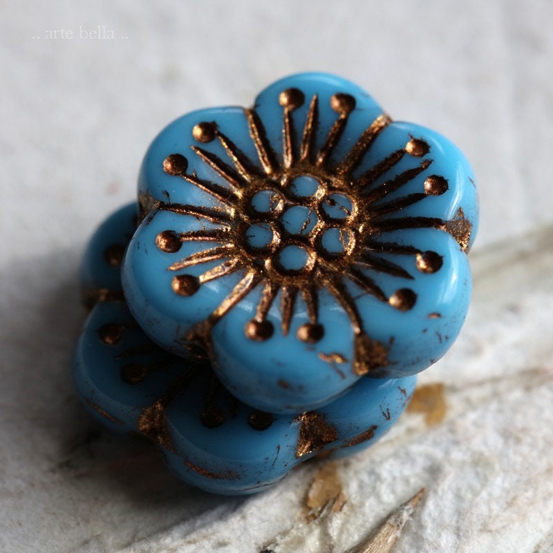 BRONZED CERULEAN ROSES .. 2 Premium Picasso Czech Glass Wild Rose Beads ...