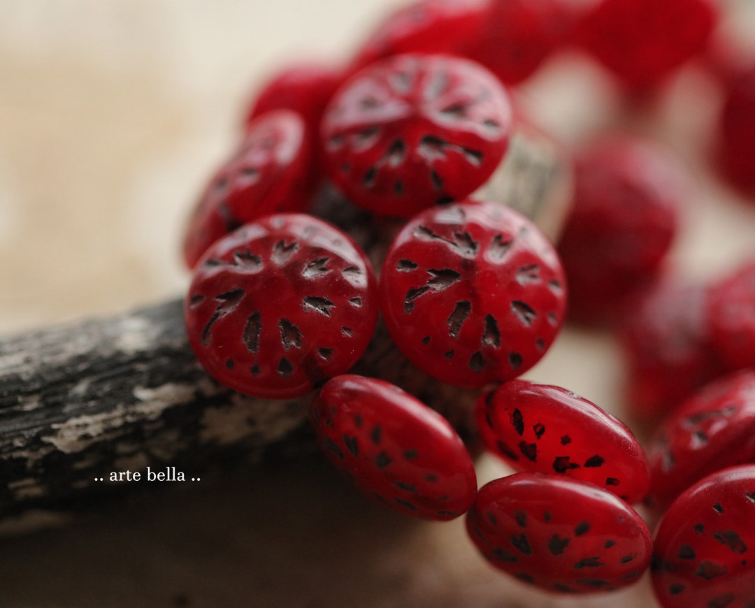 RUBY RED DAHLIAS .. 10 Premium Picasso Czech Glass Dahlia Flower Beads ...