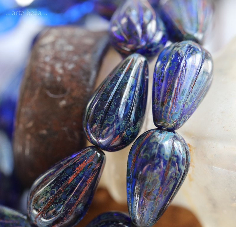 EARTHY COBALT MELON Drops .. 10 Premium Picasso Czech Glass Melon Drop ...