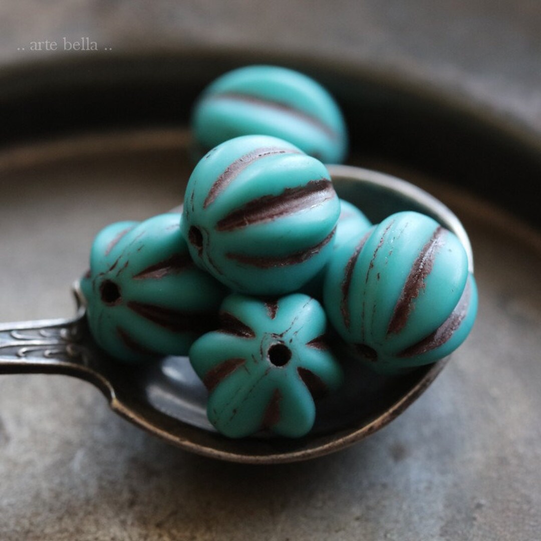 Premium Glass Beads .. BROWN TEAL MELONS 10mm .. 6 Picasso Czech Glass ...