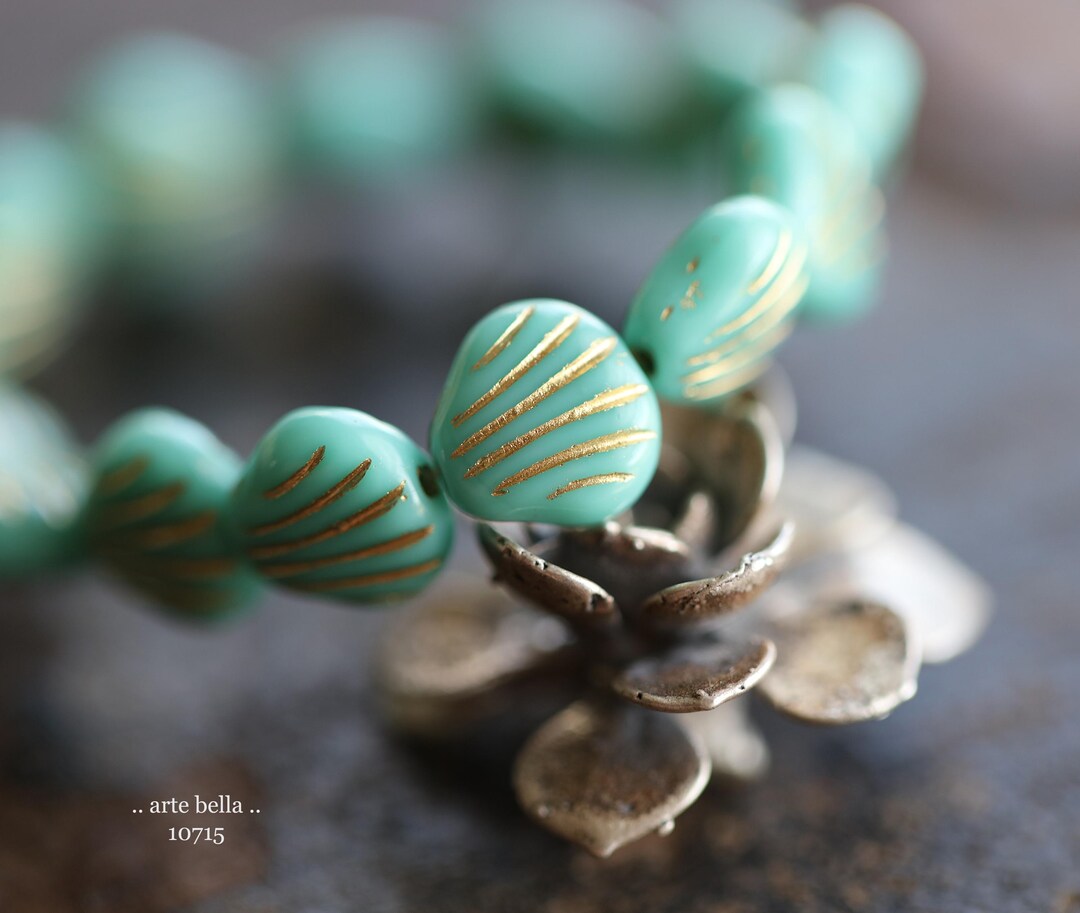 GOLDEN TURQUOISE Bebe SHELLS .. 15 Premium Czech Glass Shell Beads 9mm ...