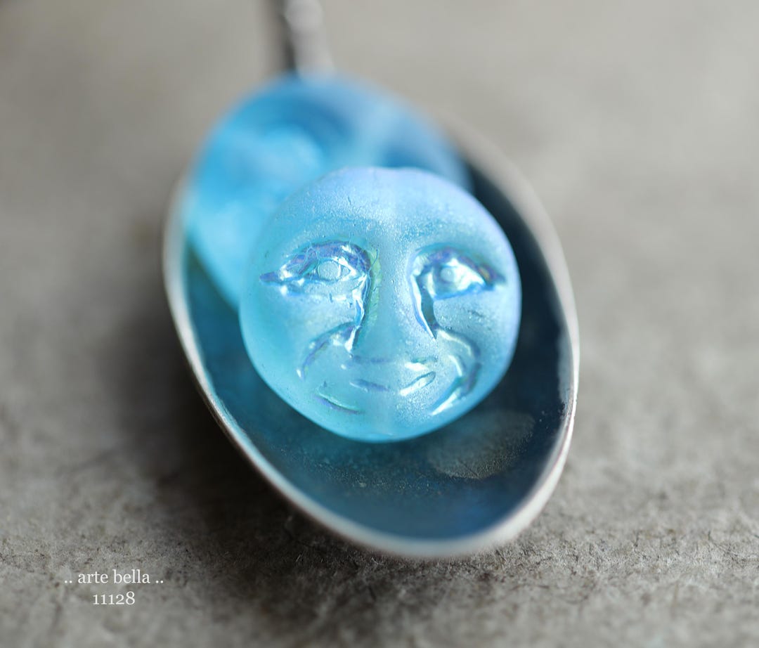 Last Ones .. MYSTIC SKY MOONS .. 6 Premium Matte Czech Glass Moon Face ...